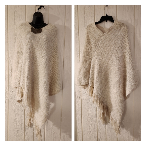 Tops | Fuzzy Fringe Poncho Cape | Poshmark